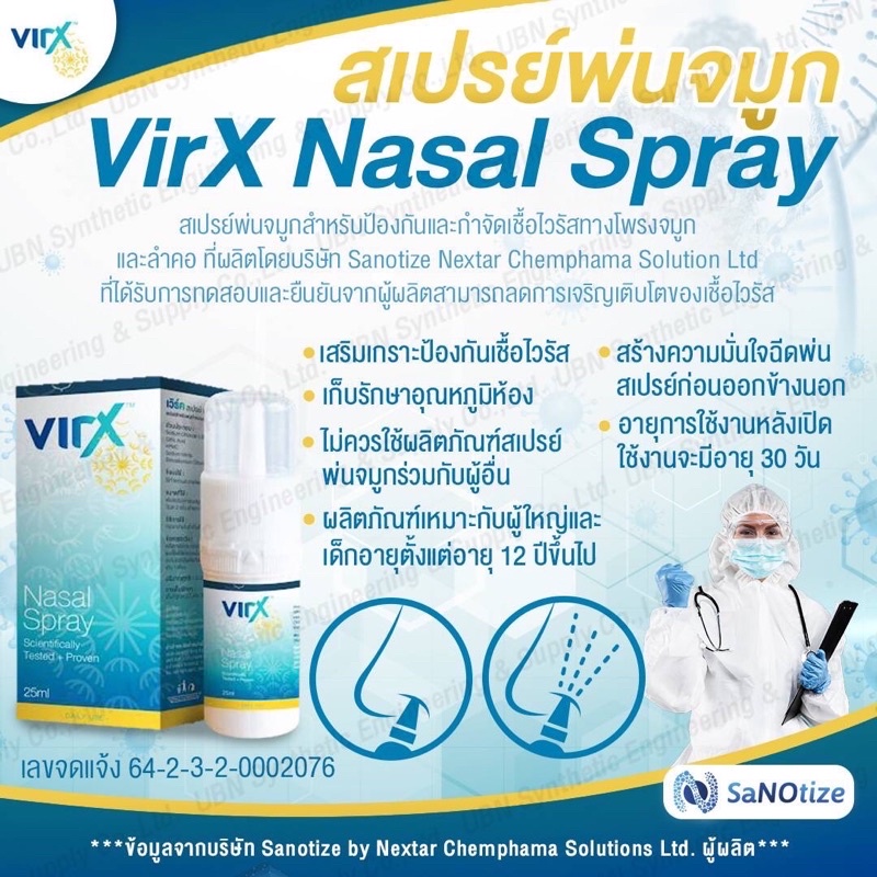 VIRX Nasal Spray 25ml. ซาโนไทซ์ นาซอล สเปรย์ สเปรย์พ่นจมูก ป้องกันและ ...